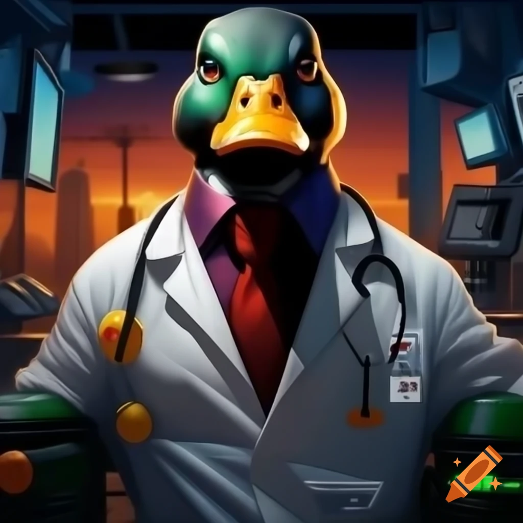 Humanoid duck superhero in doctor's coat and glowing high-tech suit on ...