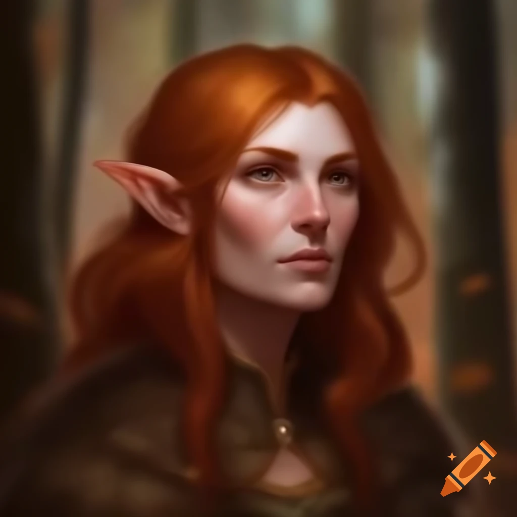 Mature half-elf woman with auburn hair in autumn-colored clothing on ...