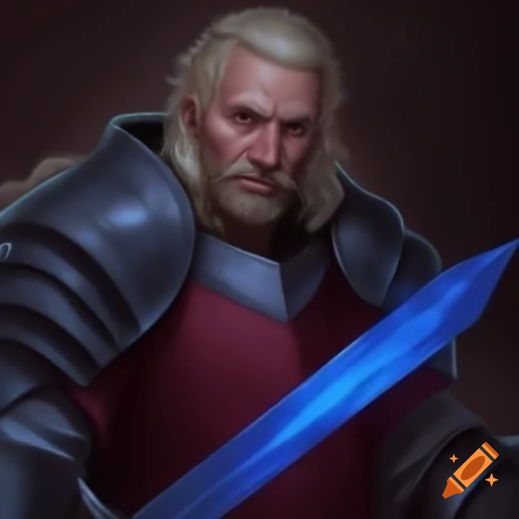 Steadfast paladin in maroon polished steel armor with blonde hair and ...