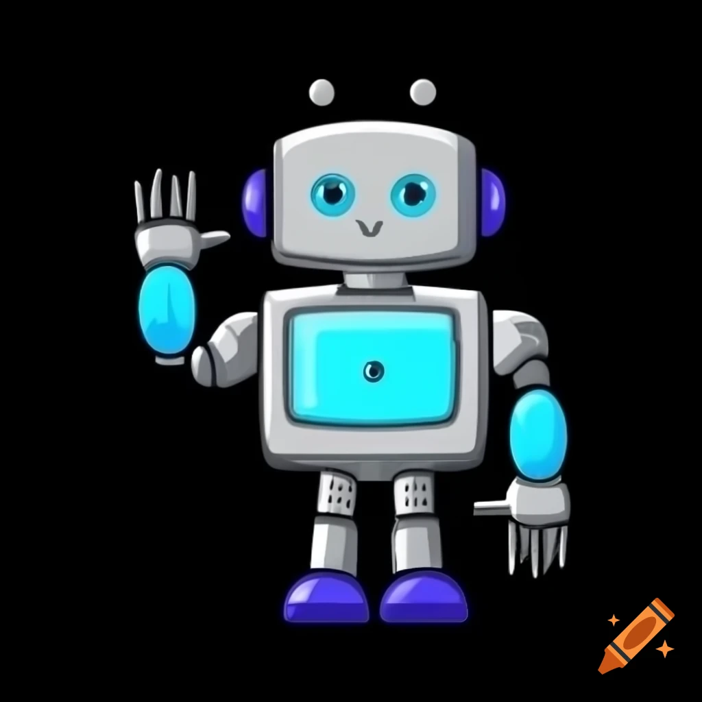 Friendly robot cartoon character with screen chest waving hello on Craiyon