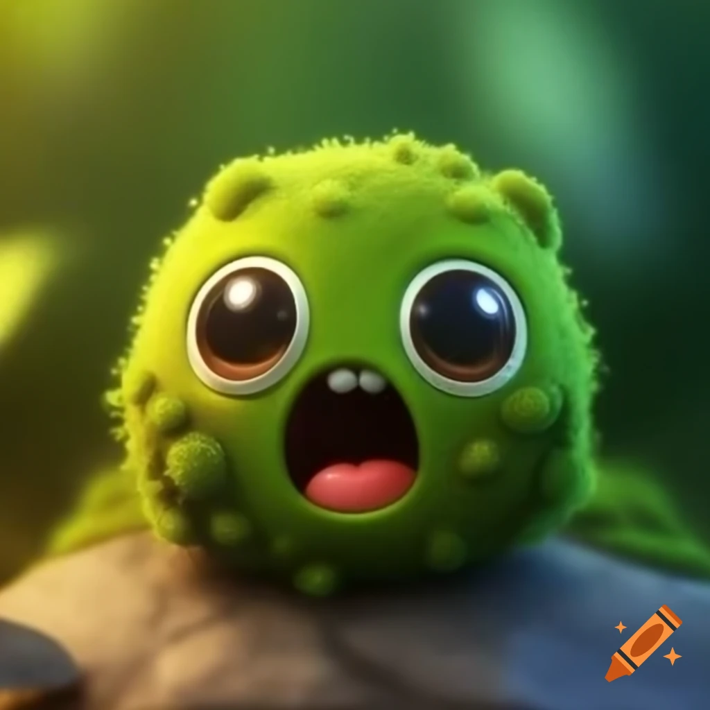Cute moss ball character with big eyes on a stone on Craiyon
