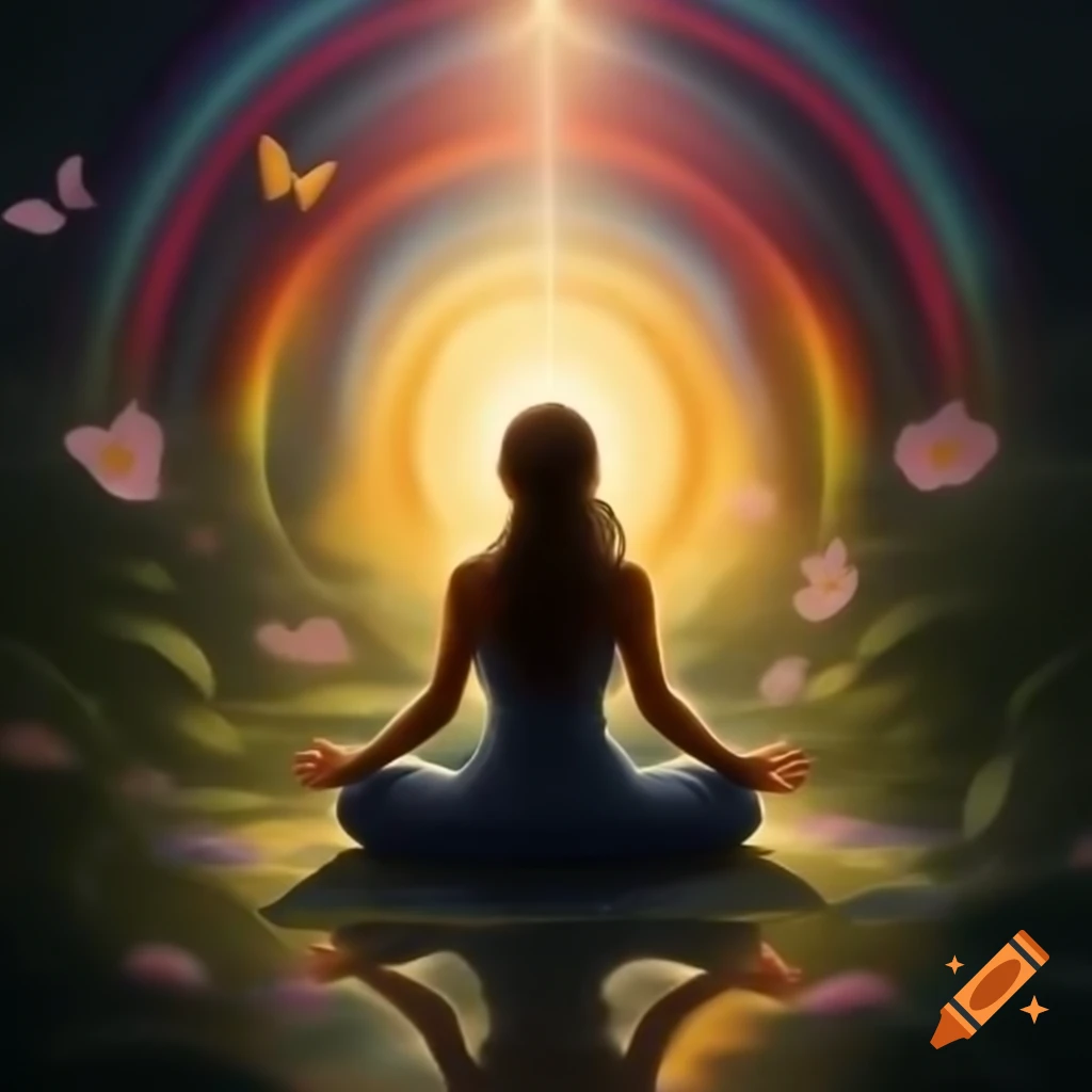 Woman meditating in lush garden with positive words floating around on ...