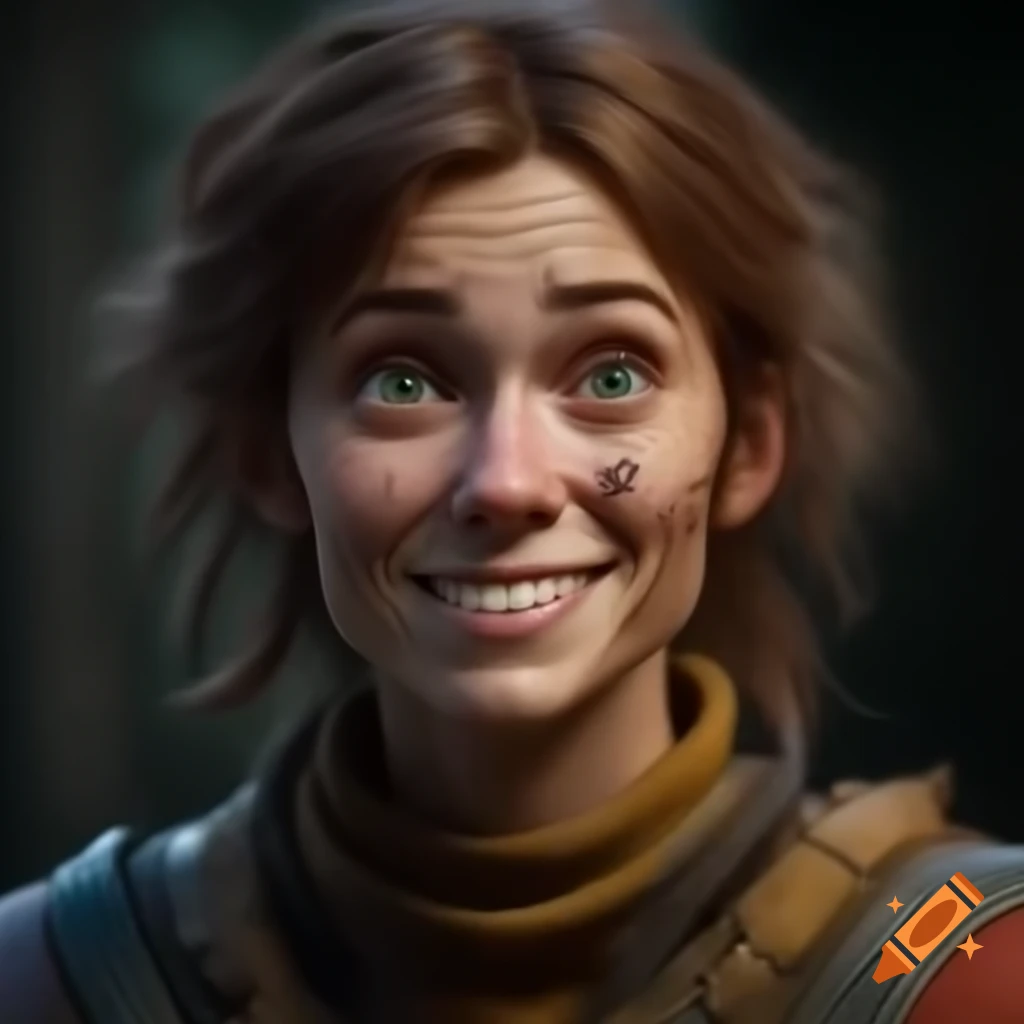 Realistic depiction of a mature female D&D rogue with short brown messy ...