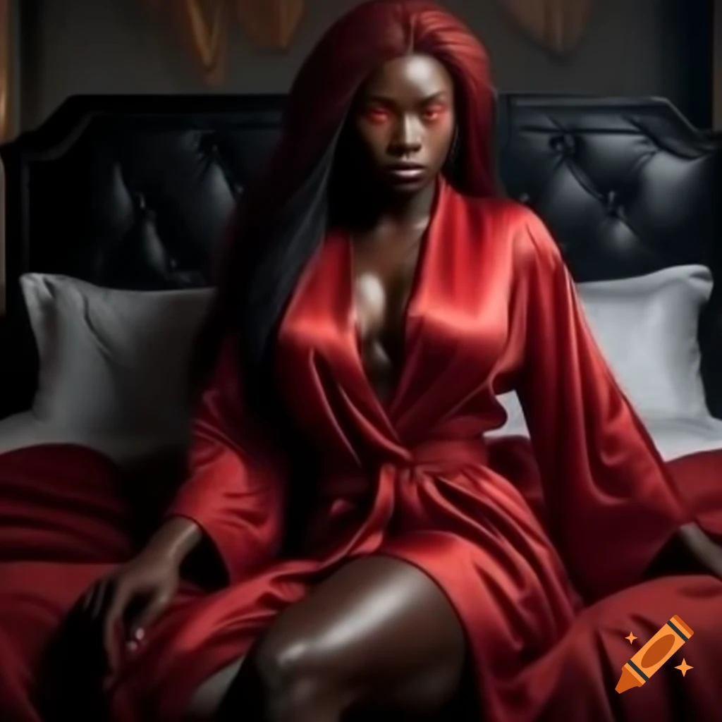 Ebony woman in red robe with striking red eyes and hair, seated on a ...
