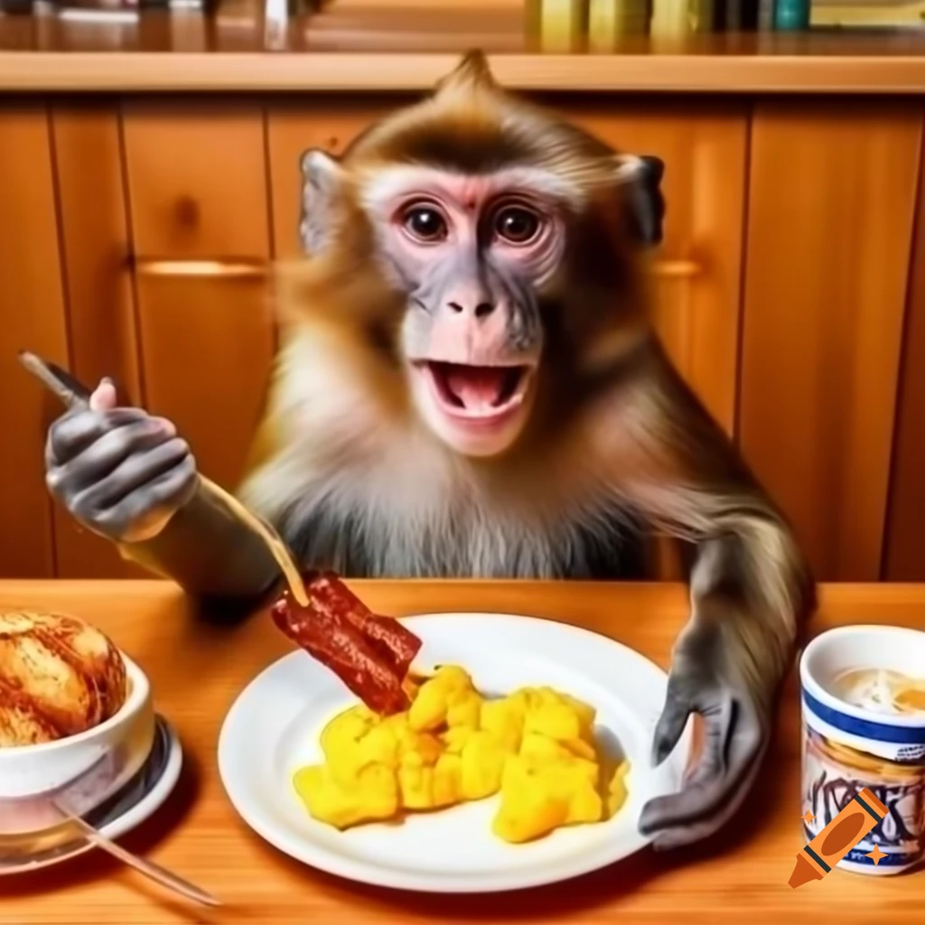 Monkey enjoying a breakfast spread of scrambled eggs and bacon at a ...