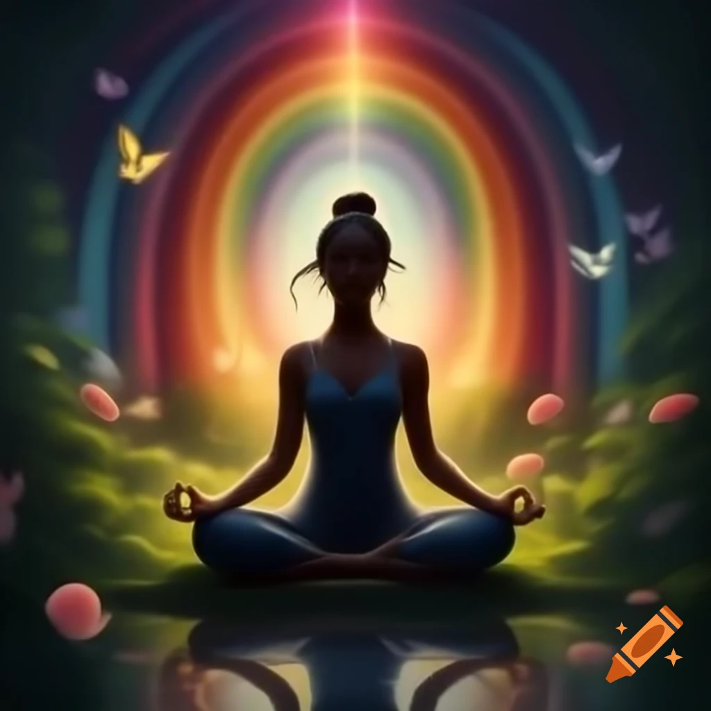 Woman meditating in lush garden with positive words floating around on ...