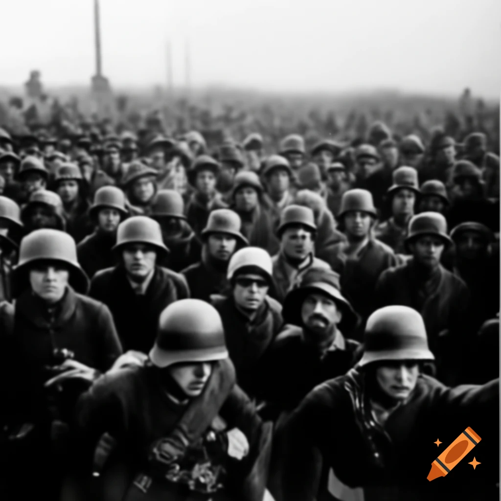 Crowded scene of soldiers and equipment on the eastern front during ...