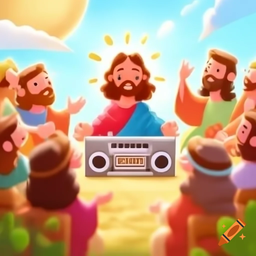 Whimsical cartoon of Jesus and disciples enjoying music under sunny sky ...