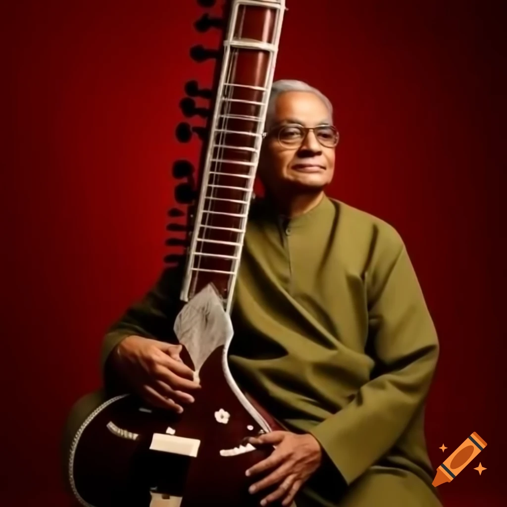 Indian musician standing with sitar on Craiyon