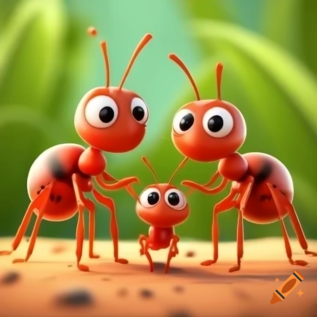 Cartoon depicting an ant family on Craiyon