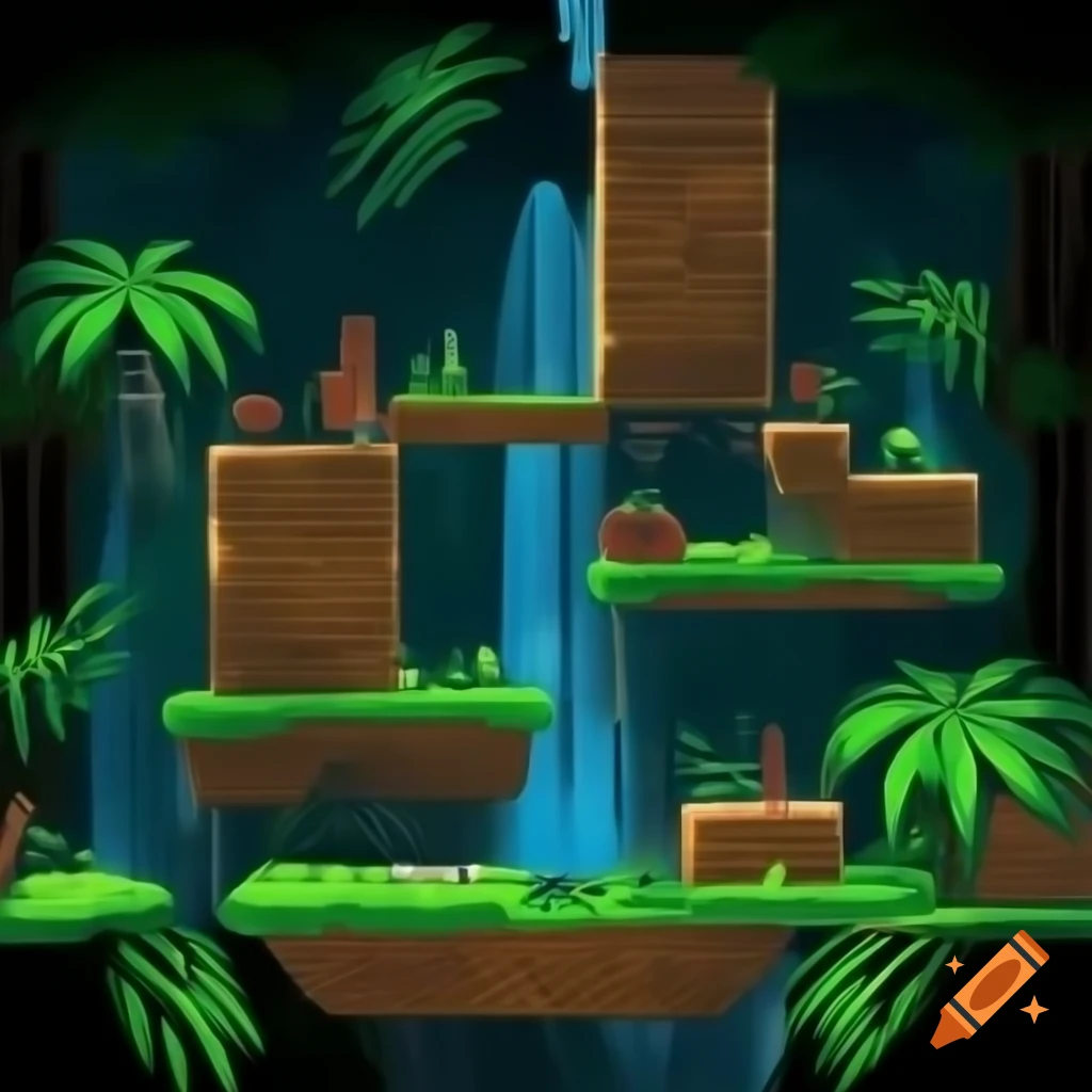 Stylized video game level in vibrant jungle with stone platforms and ...