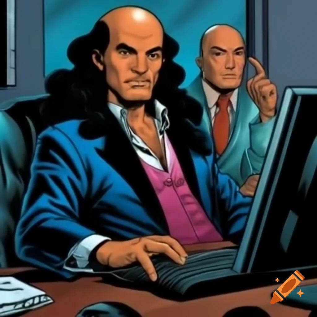 Comic style Mediterranean man in business suit sitting behind computer ...
