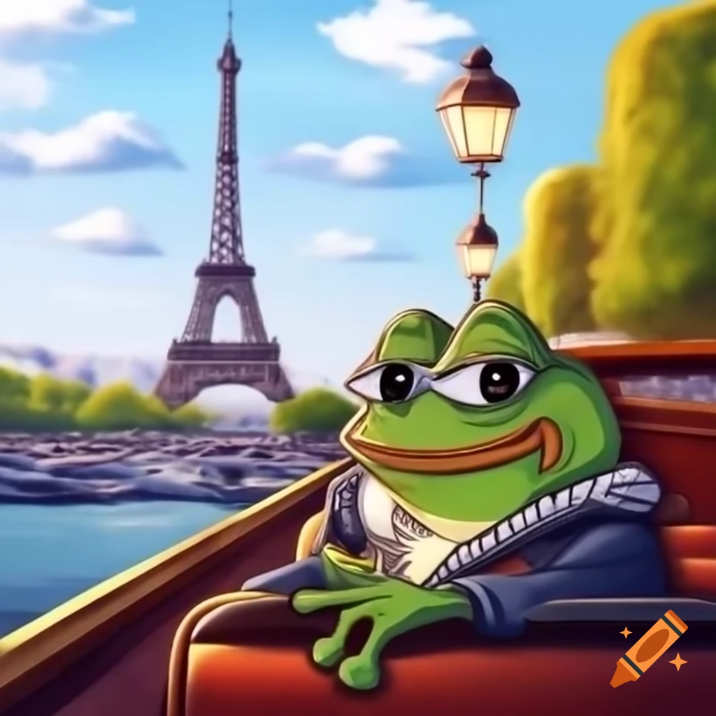 Pepe the frog sightseeing by the Eiffel Tower in Paris on Craiyon