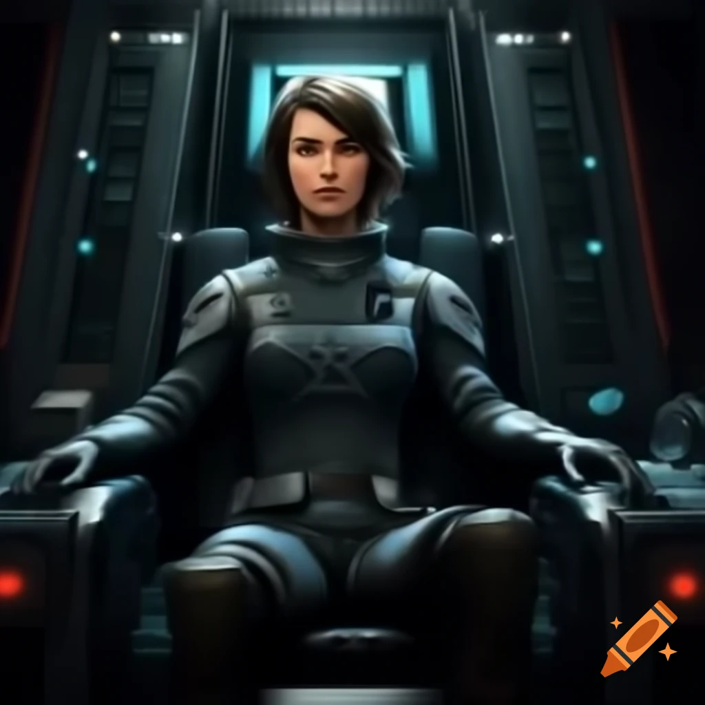 Sci-fi spaceship captain lady in dark military uniform sitting on ...