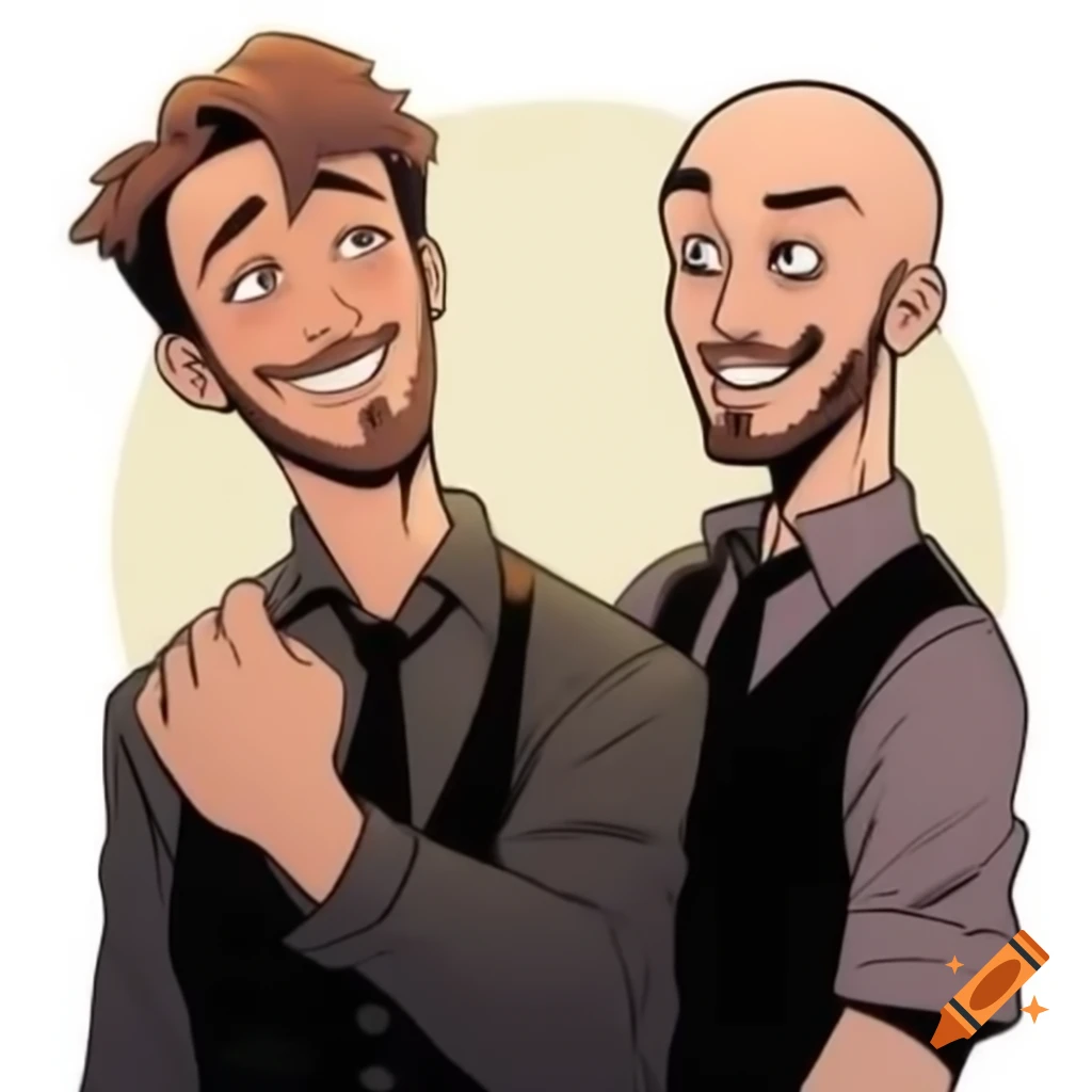 Two male comic book characters back to back, arms crossed, smiling at ...