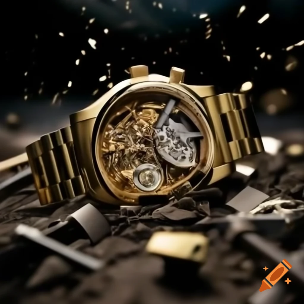 Shattered gold-colored watch components scattered on the ground on Craiyon