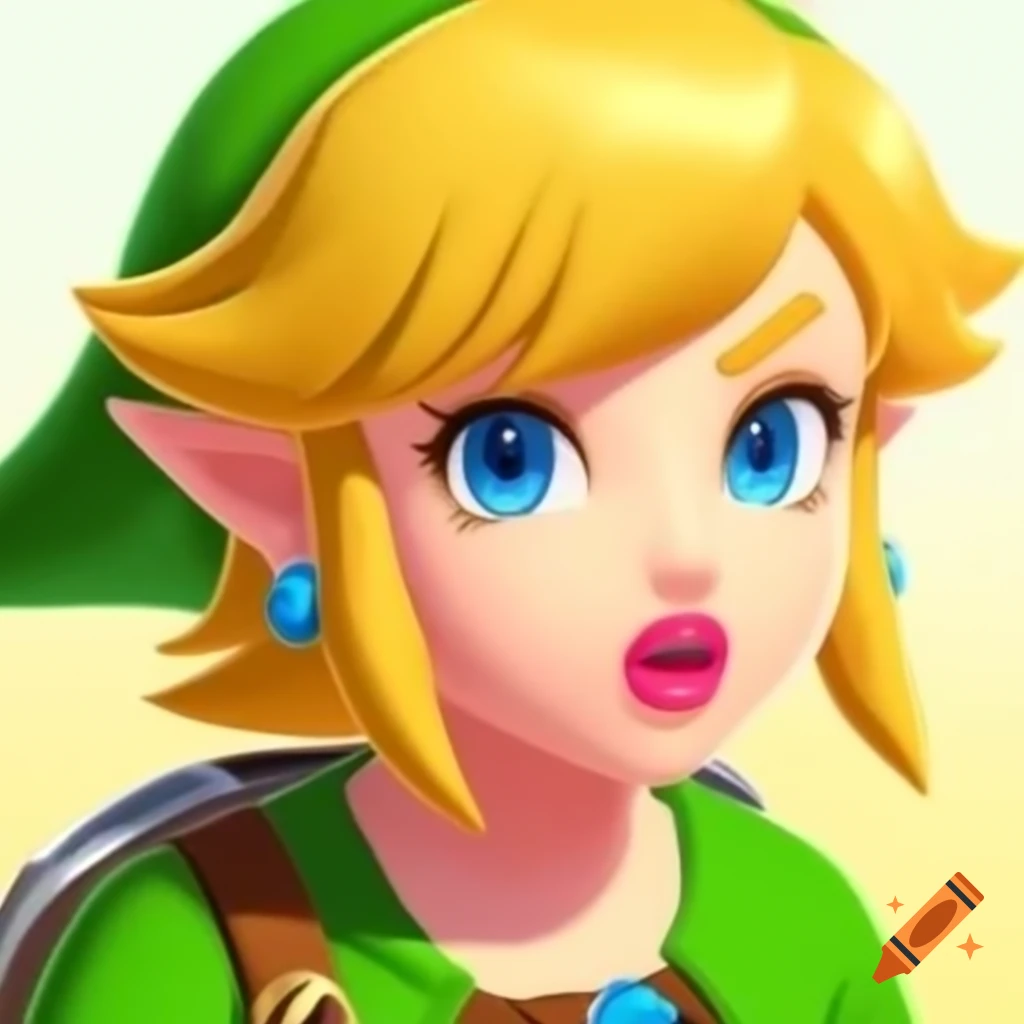 Character inspired by nintendo with link's green tunic and princess peach's hairstyle and makeup ...