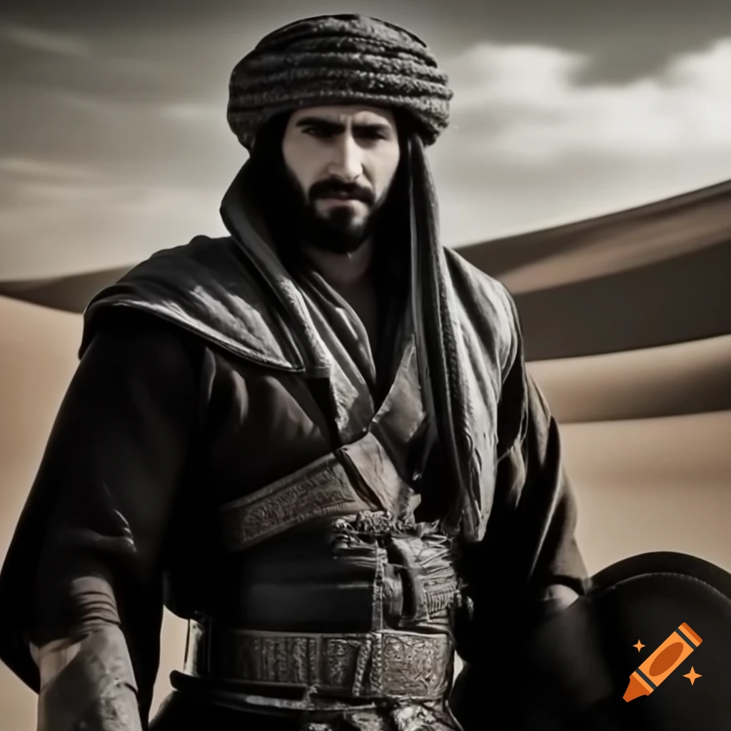 Cinematic portrait of 6th-century Arabian warrior in battle attire ...