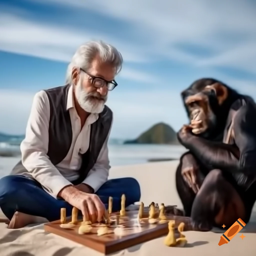 Psychologist playing chess with chimpanzee on beach on Craiyon