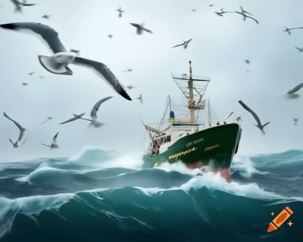 140-ton fishing ship in rough seas with flock of seagulls on Craiyon