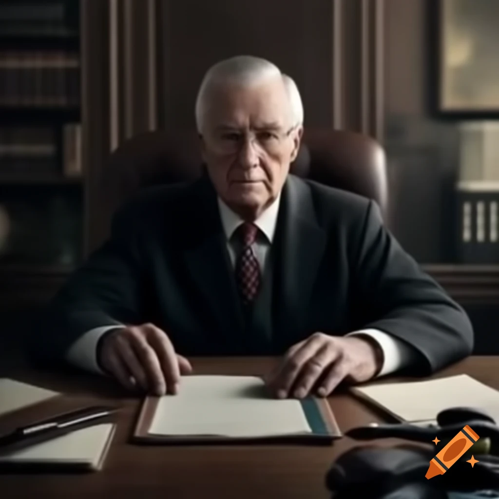 Old distinguished lawyer at desk with disinterested expression on Craiyon