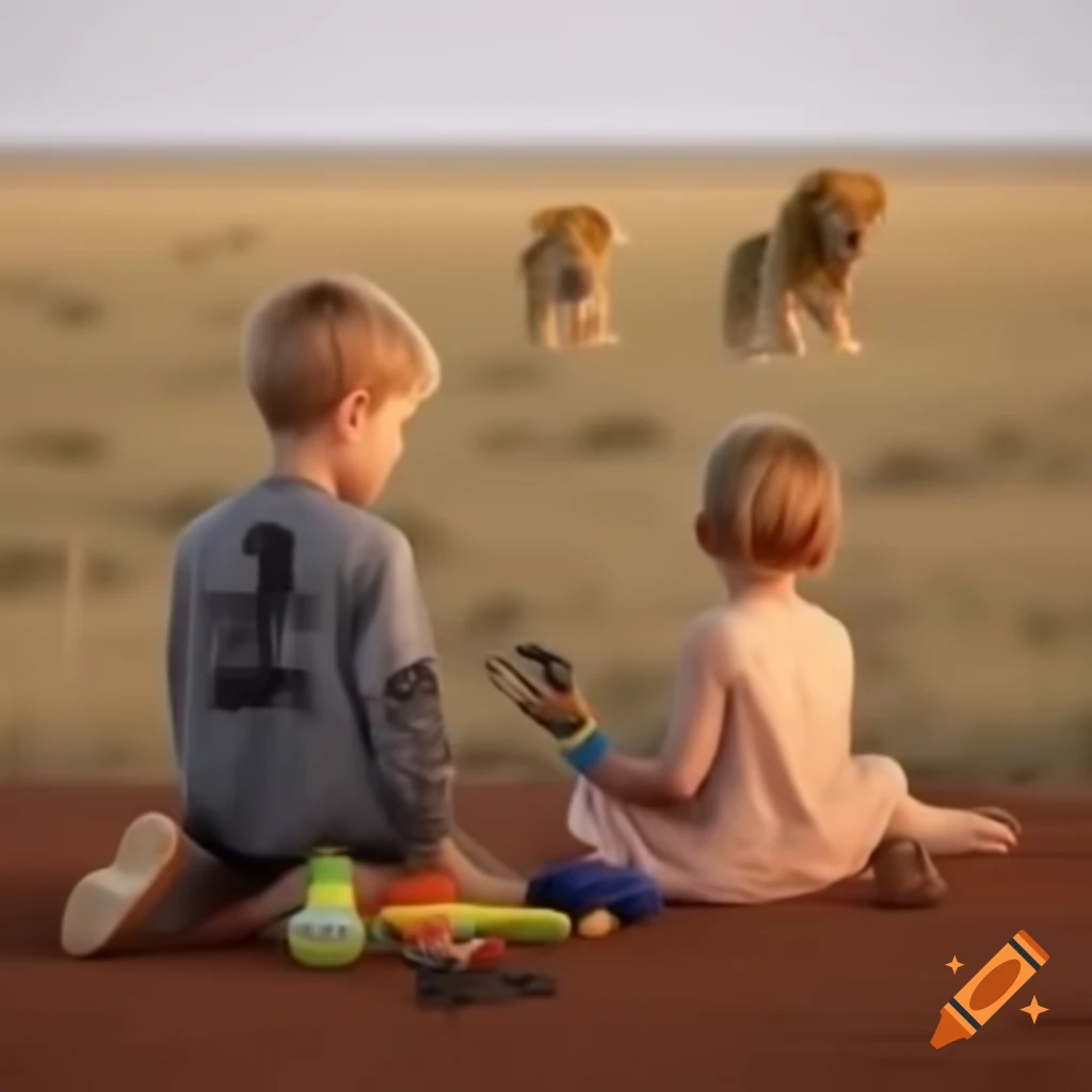 Children playing with toys in savannah while lions observe from afar ...