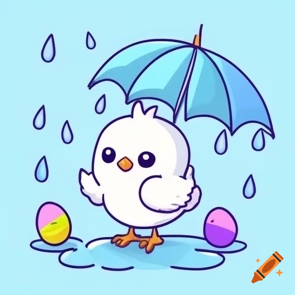 Chick with umbrella in rain, Easter eggs design, coloring page sketch ...