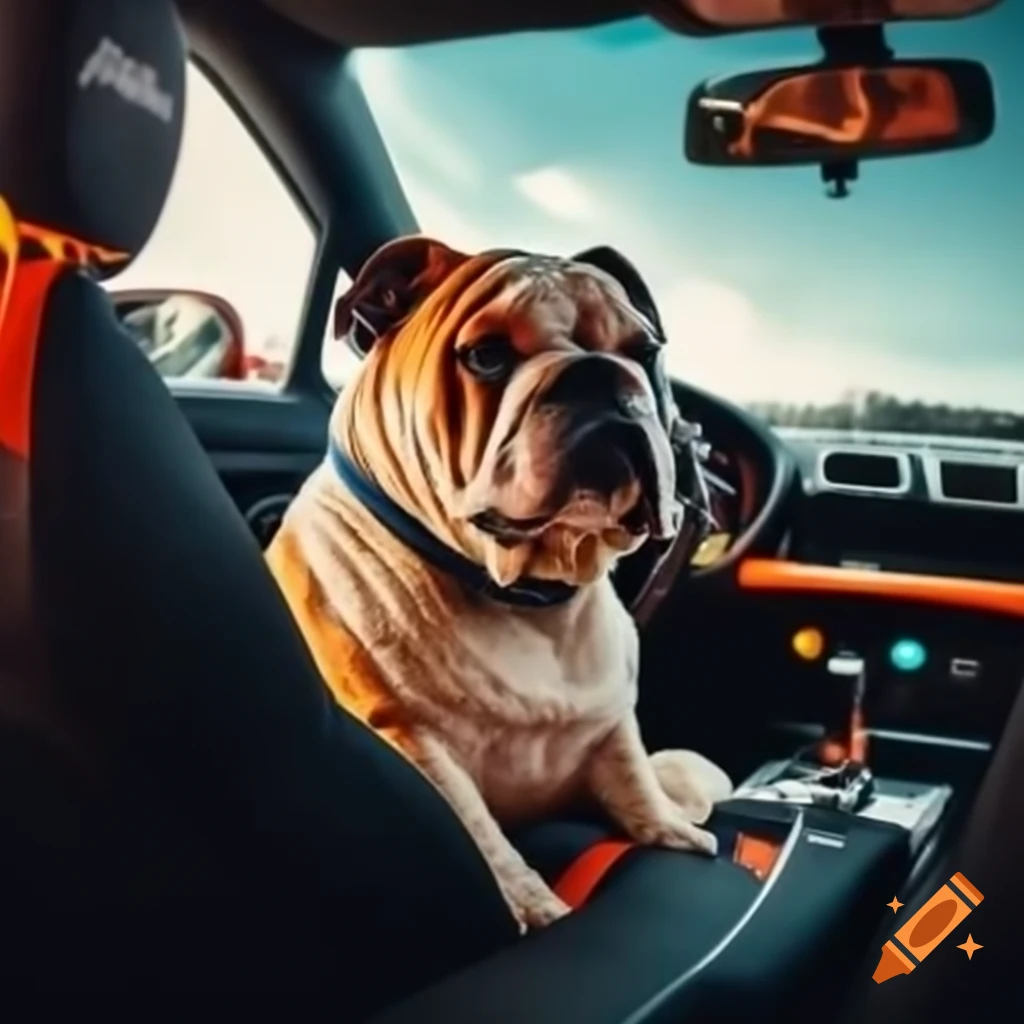 English bulldog driving an F1 car on Craiyon