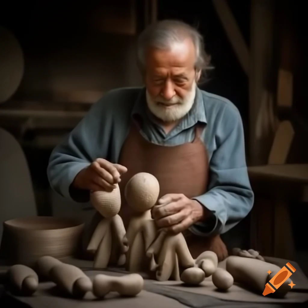 Old man sculpting wooden toys in an atelier on Craiyon