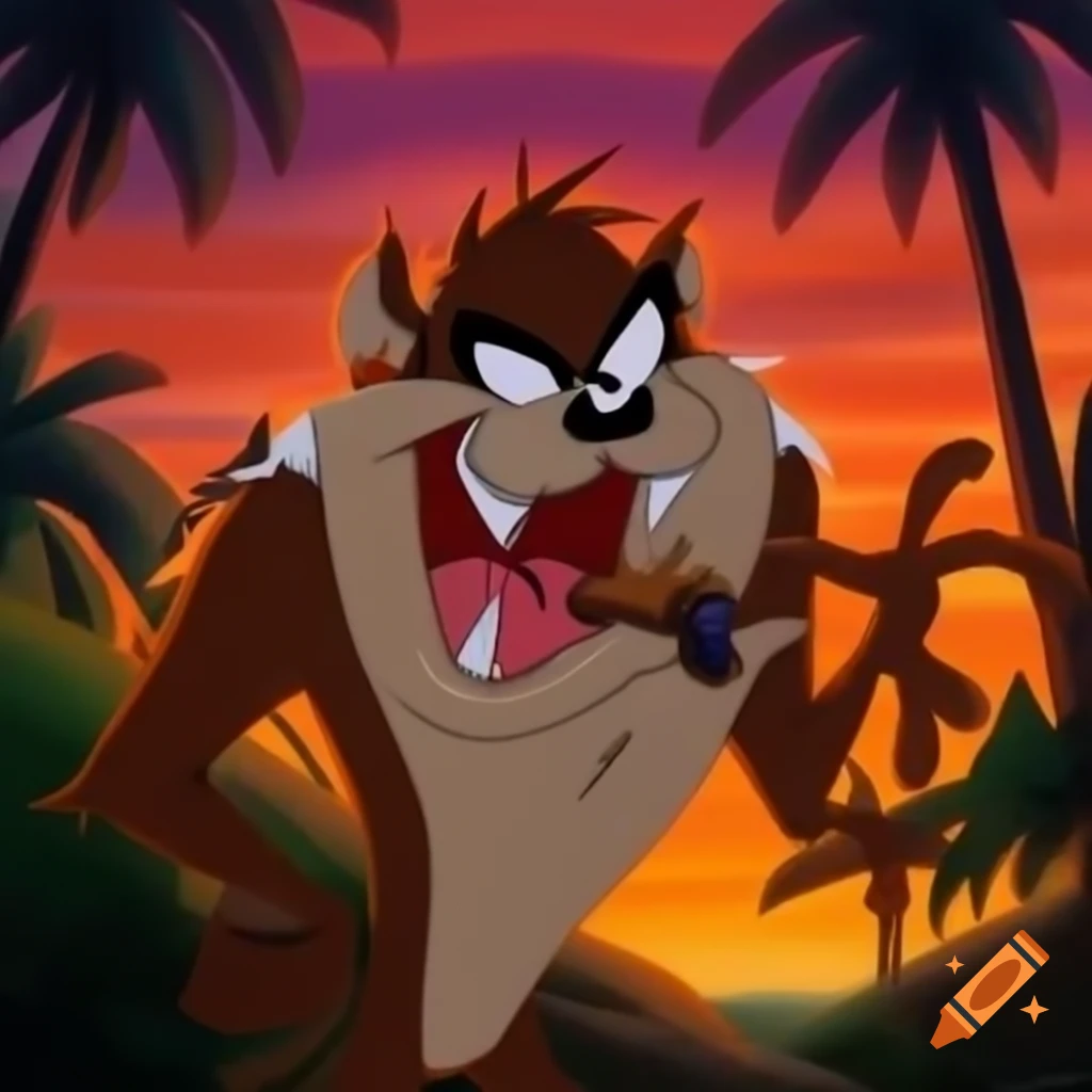 Taz from Looney Tunes enjoying a sunset with palm trees on Craiyon