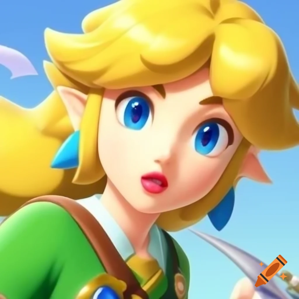 Link character in green tunic with princess peach inspired features, bright colors and detailed ...