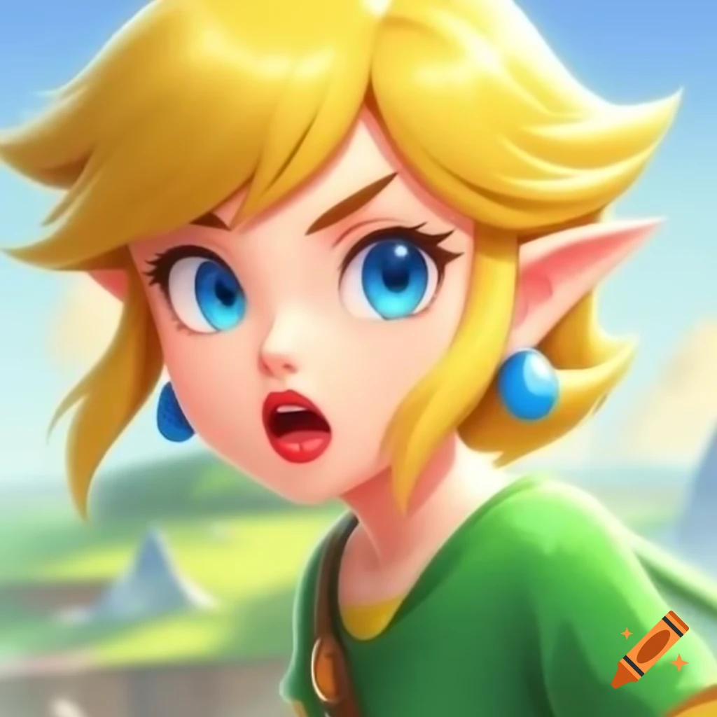 Character resembling link with princess peach's hairstyle, makeup, and expression in high ...