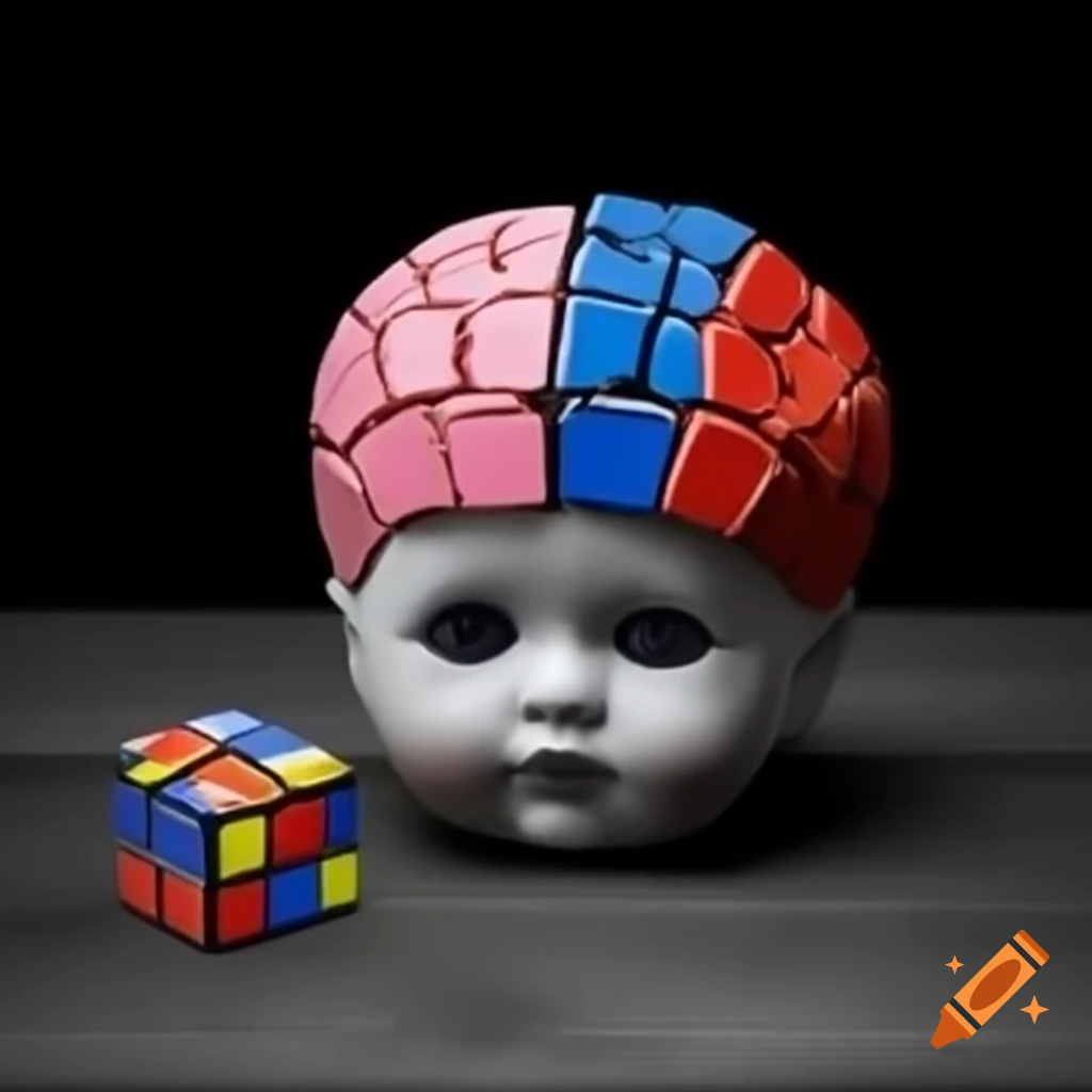 Doll's head with Rubik's cube inside, black and white photography with ...