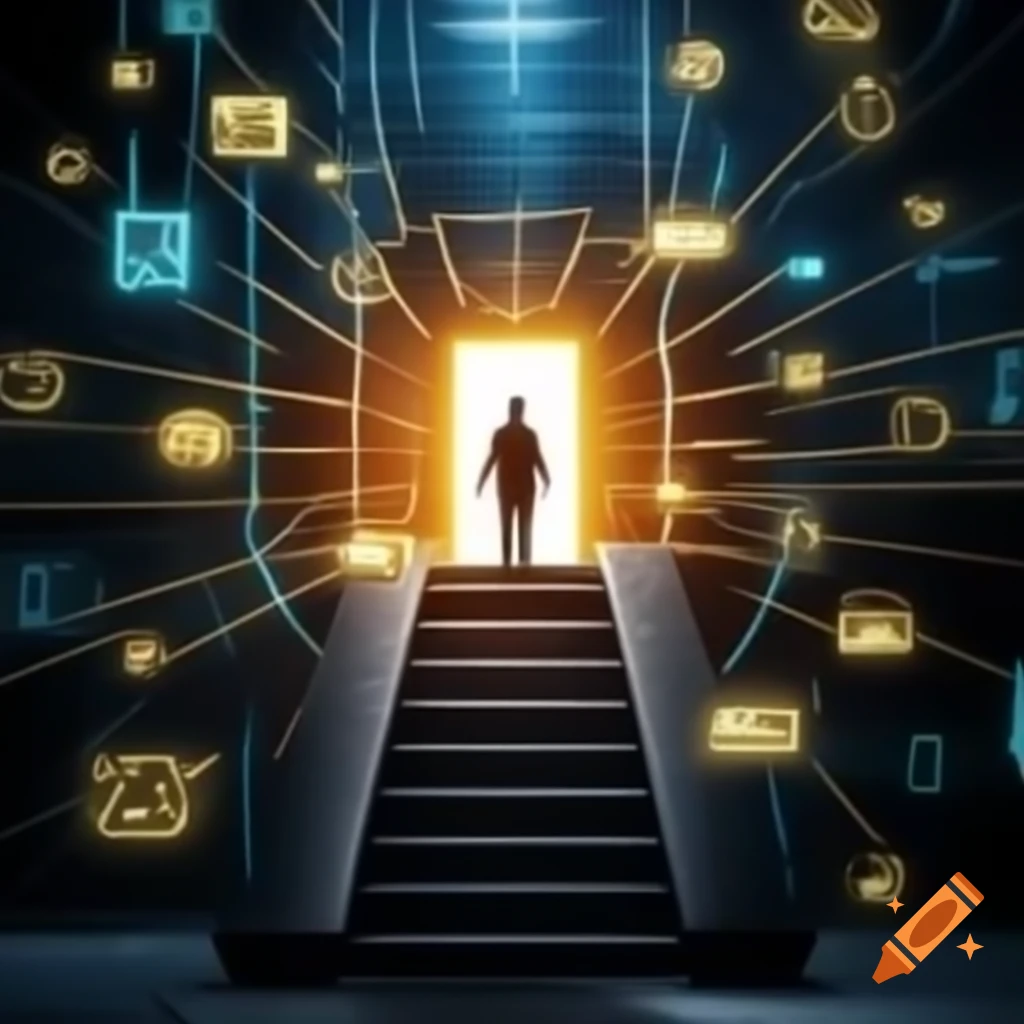 Person on knowledge ladder with learning video screens leading to ...