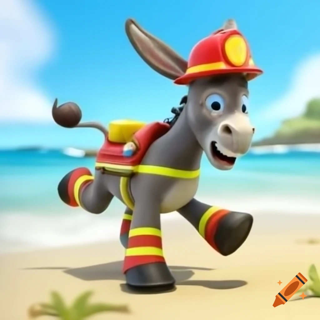 Playful donkey on sunny beach wearing red fireman's hat on Craiyon