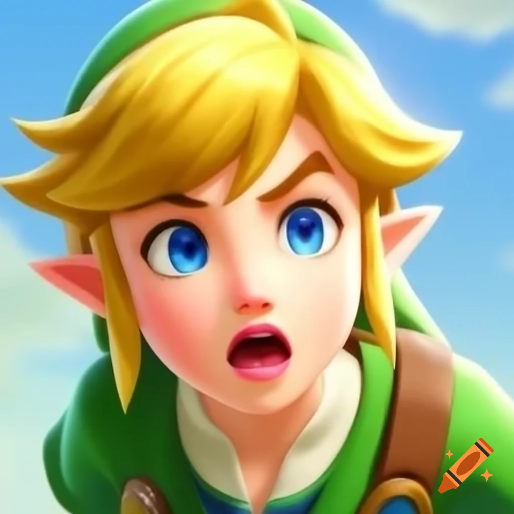 Link character in green tunic with princess peach-inspired hairstyle and makeup on Craiyon