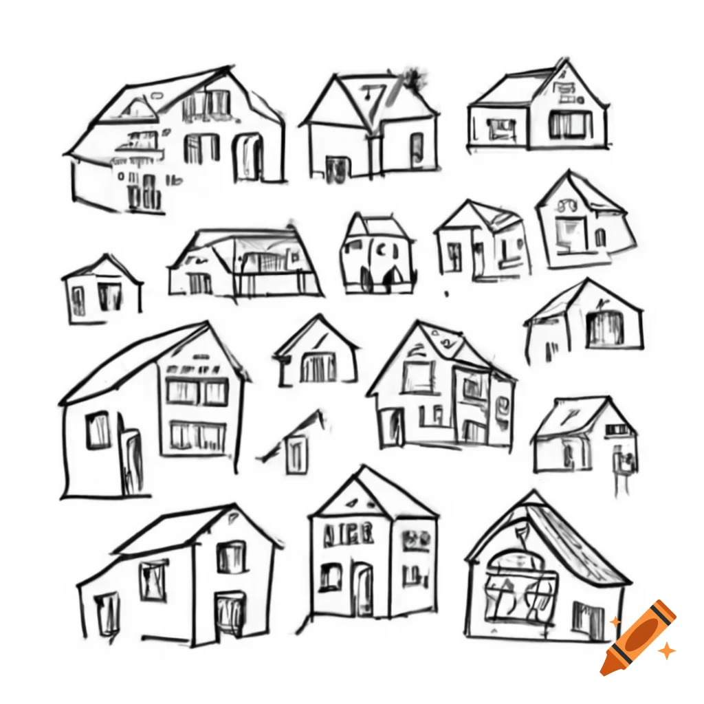 Black and white drawing of various distinct houses on Craiyon