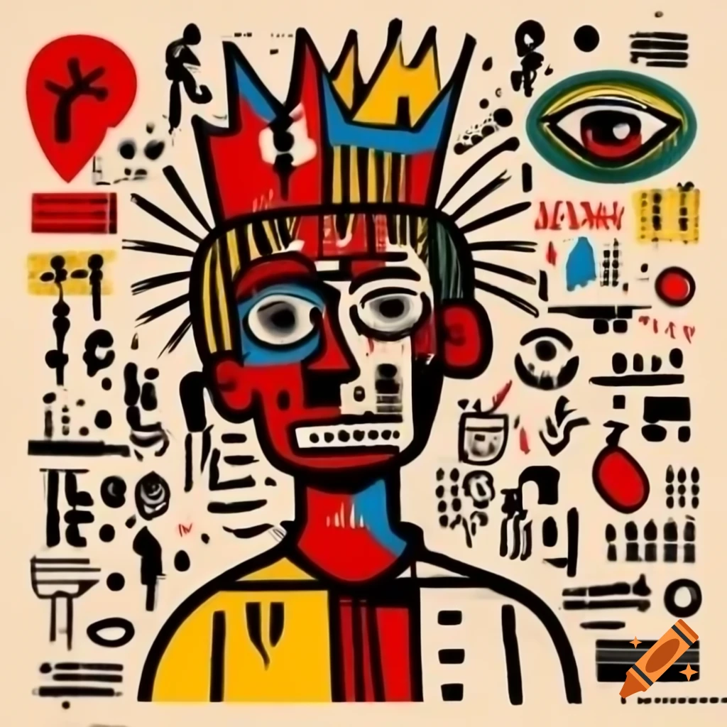 Raw neo-expressionism artwork with distorted human figure and crown ...