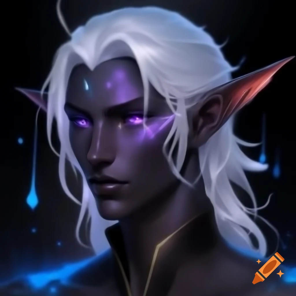 Ethereal male elf with silver wolf cut hair and violet eyes against a ...