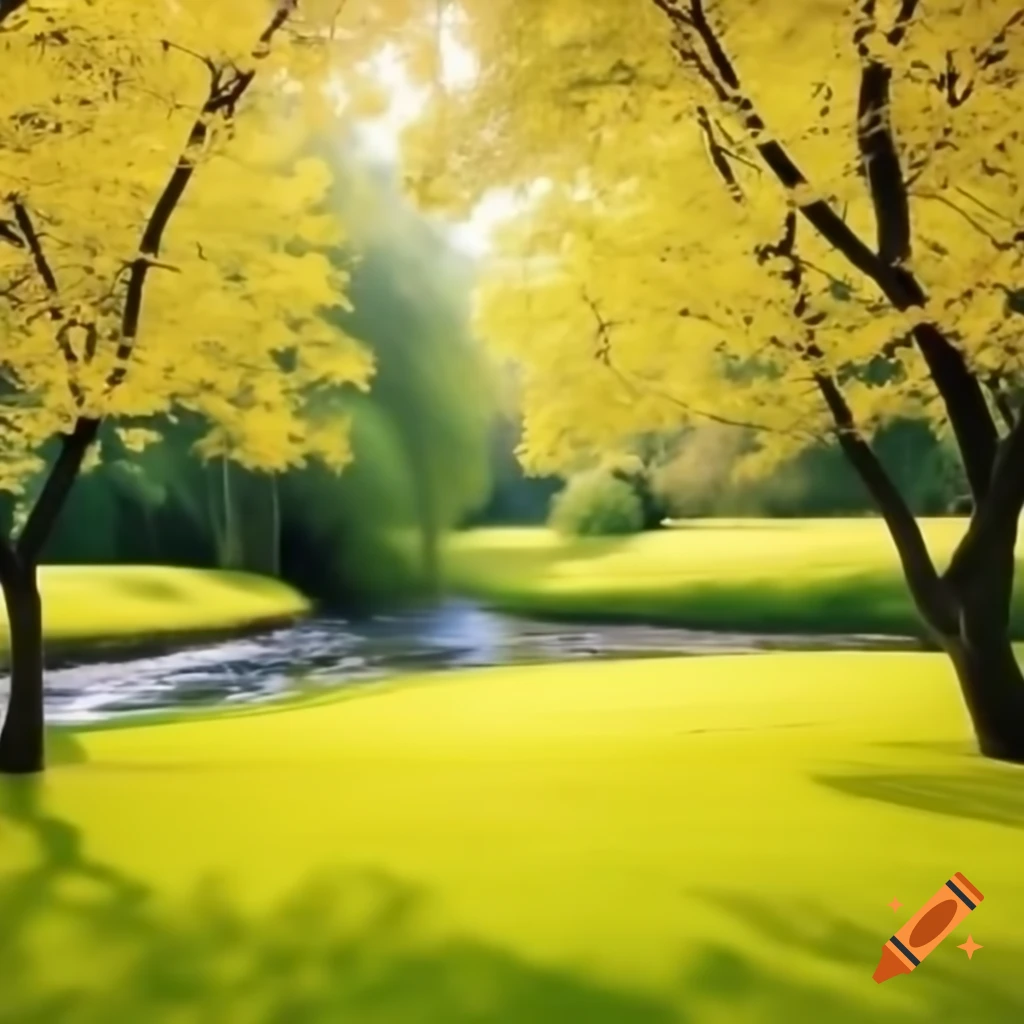 Summer garden featuring yellow grass, trees, and flowing river on Craiyon