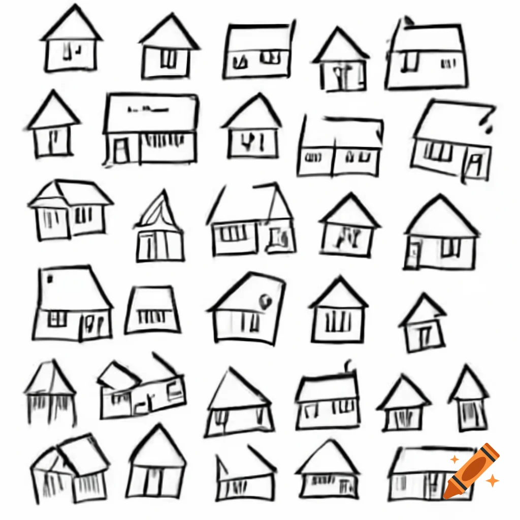 Black and white drawing of various distinct houses on Craiyon