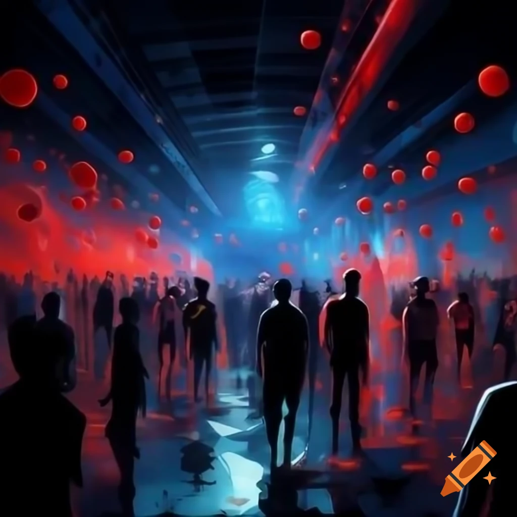 Vivid warehouse rave with strobing disco balls and graffiti in sumi-e ...