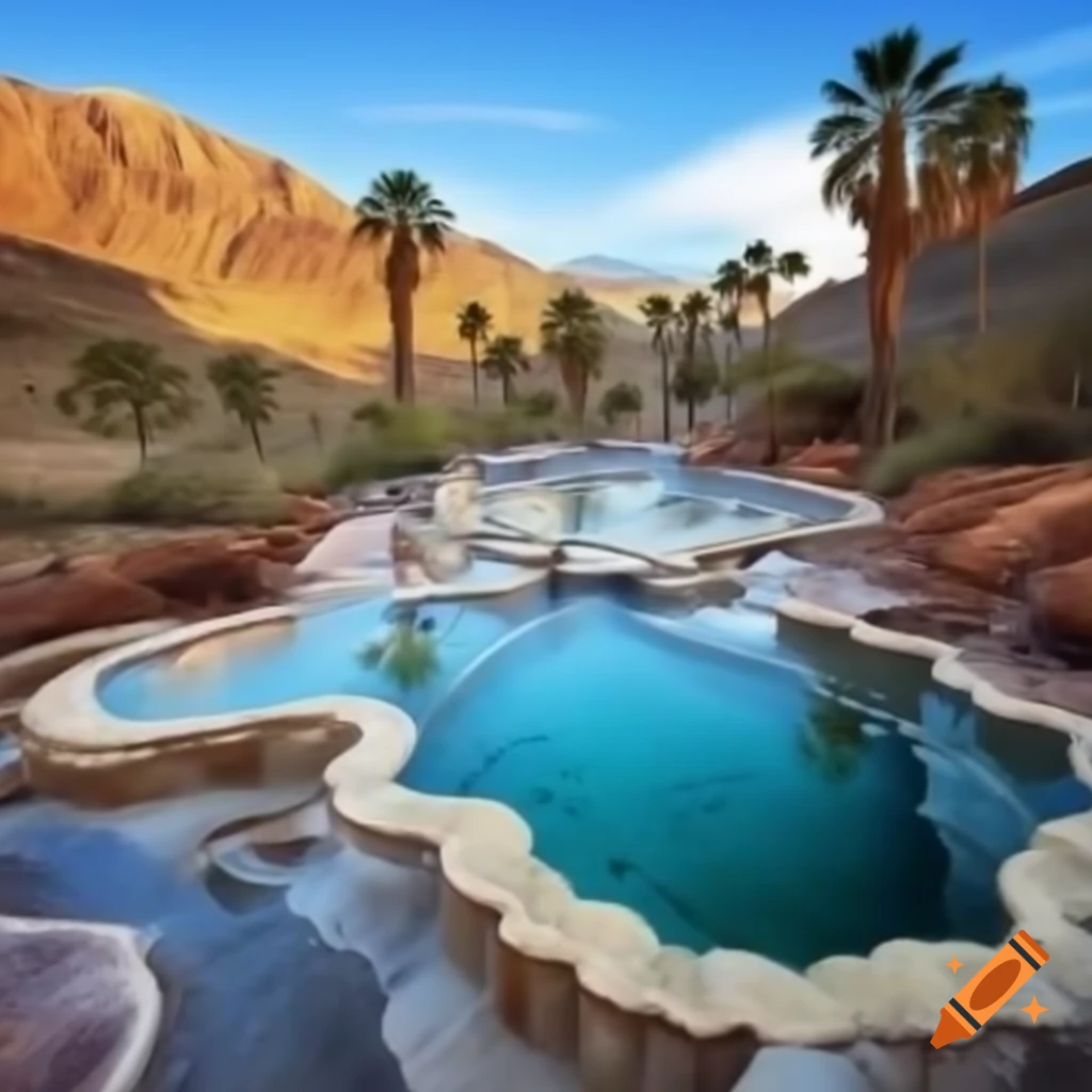 Hot spring surrounded by palm trees in california valley on Craiyon