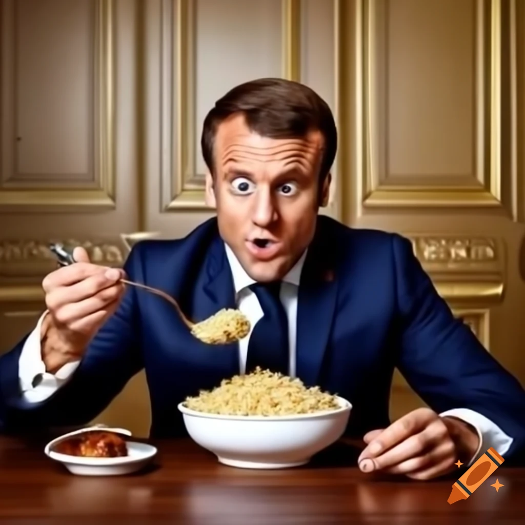 Emmanuel Macron enjoying couscous dish on Craiyon