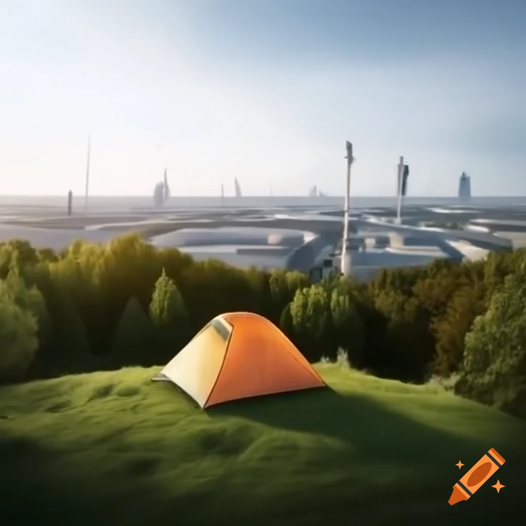 Bird's-eye view of sleeping bag tent on green hilltop with Berlin ...