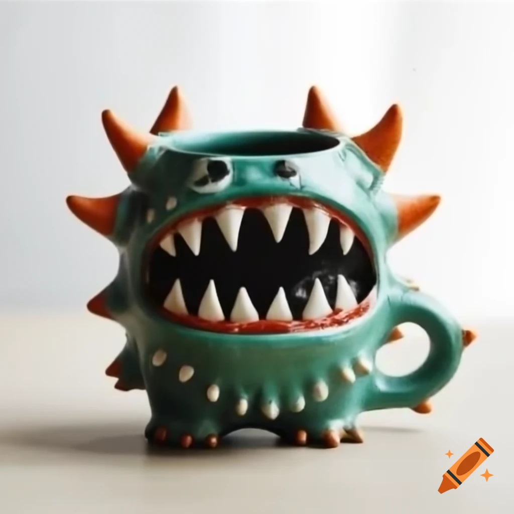 Colorful ceramic monster mug with sharp teeth and spiky tail on Craiyon