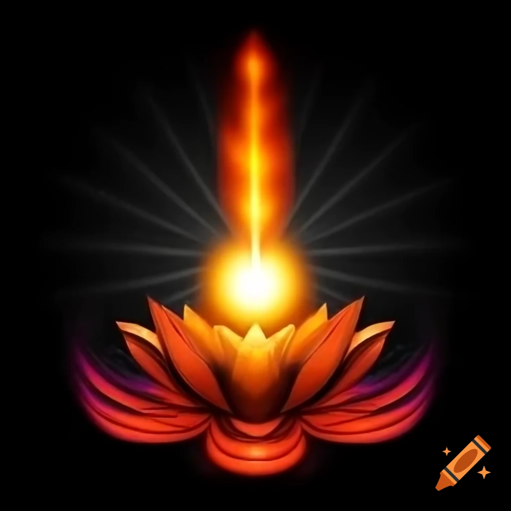 Luminous lotus-shaped beacon with fiery petals in iridescent light on ...
