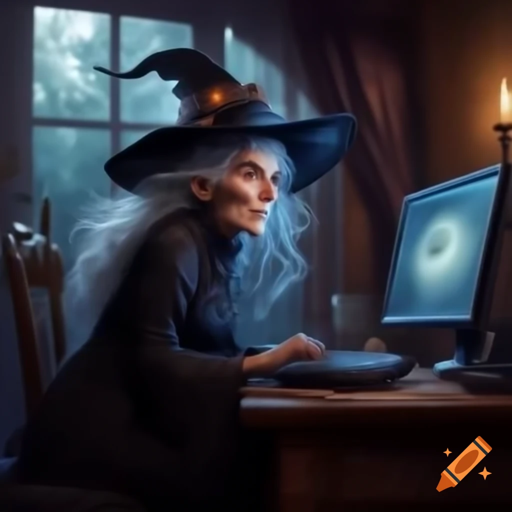Witch with wild grey hair working on a computer in elegant home with ...