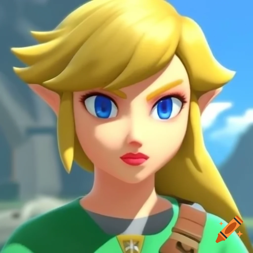 Link from nintendo in green tunic with princess peach's hairstyle and makeup, annoyed expression ...