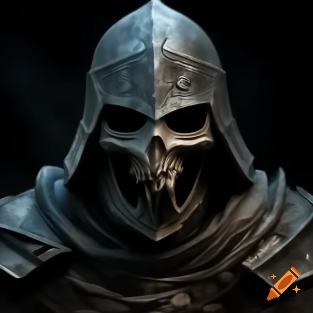 Broken medieval knight helmet revealing skull underneath on Craiyon